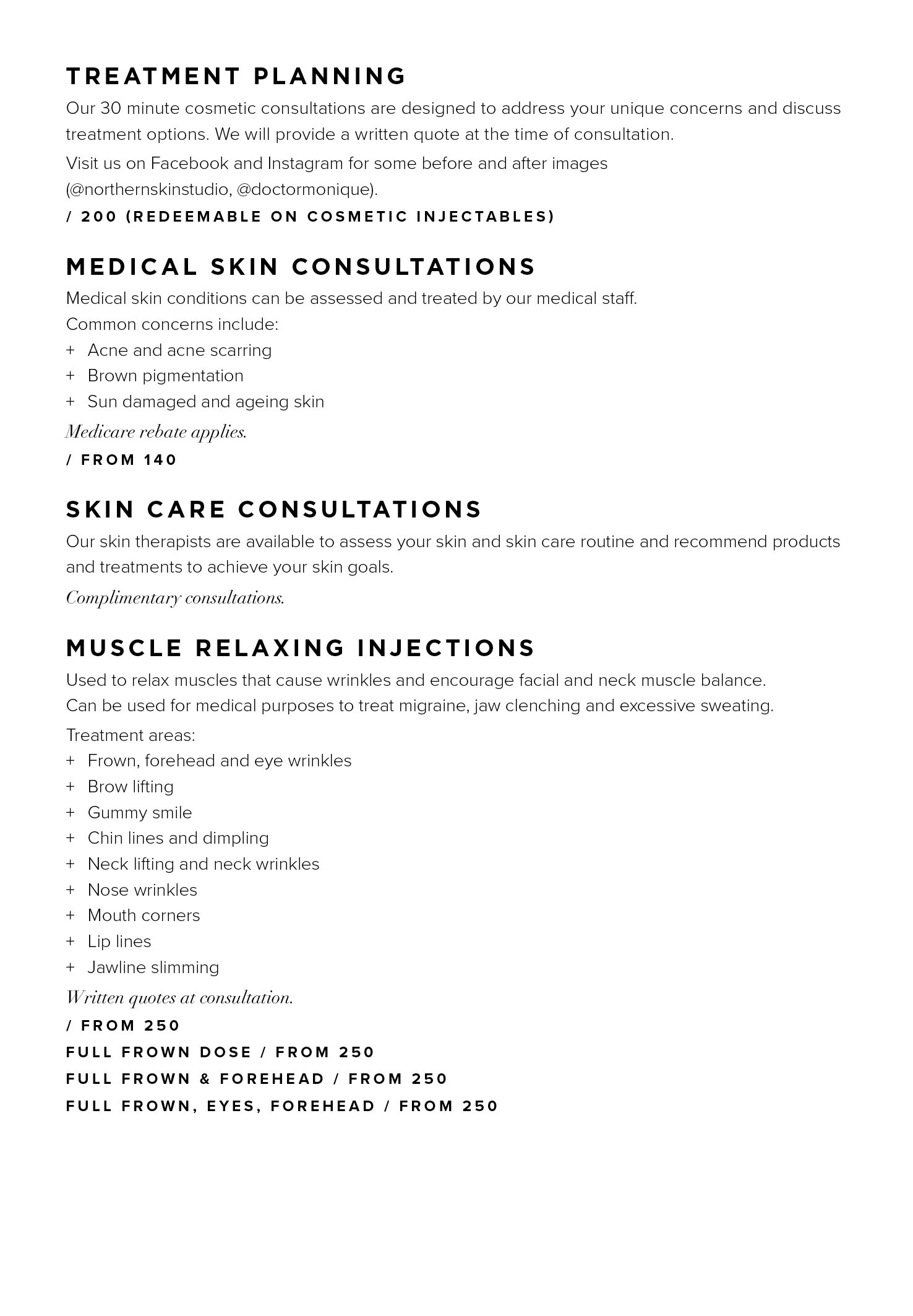 Menu — Northern Skin Studio