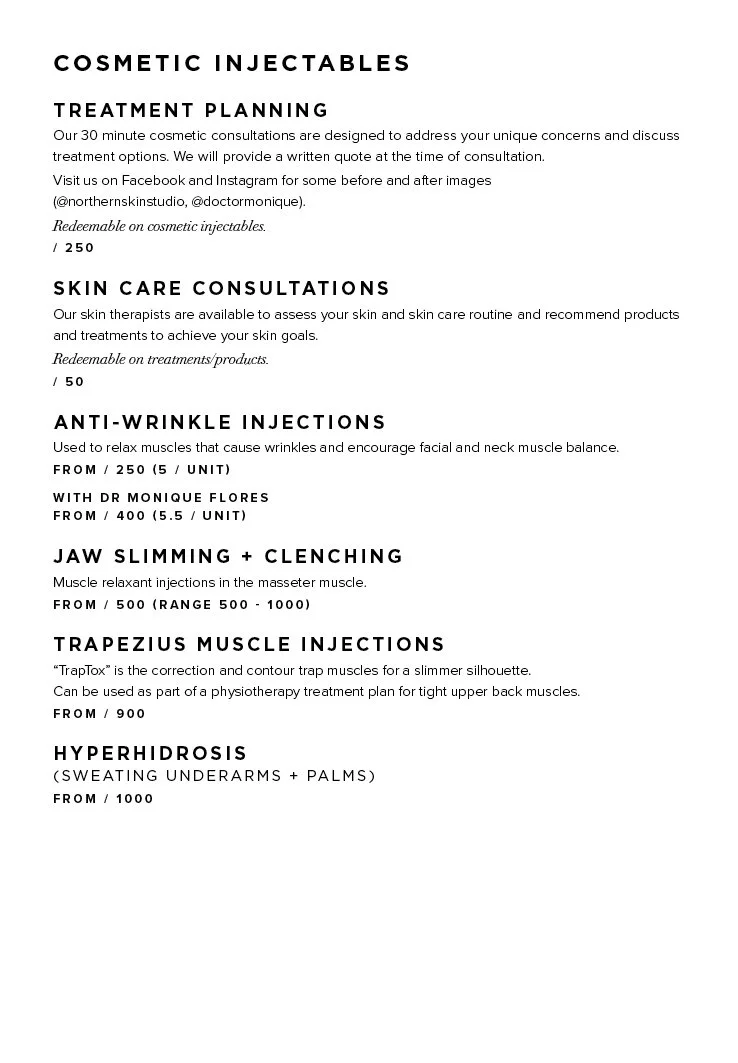 Menu — Northern Skin Studio
