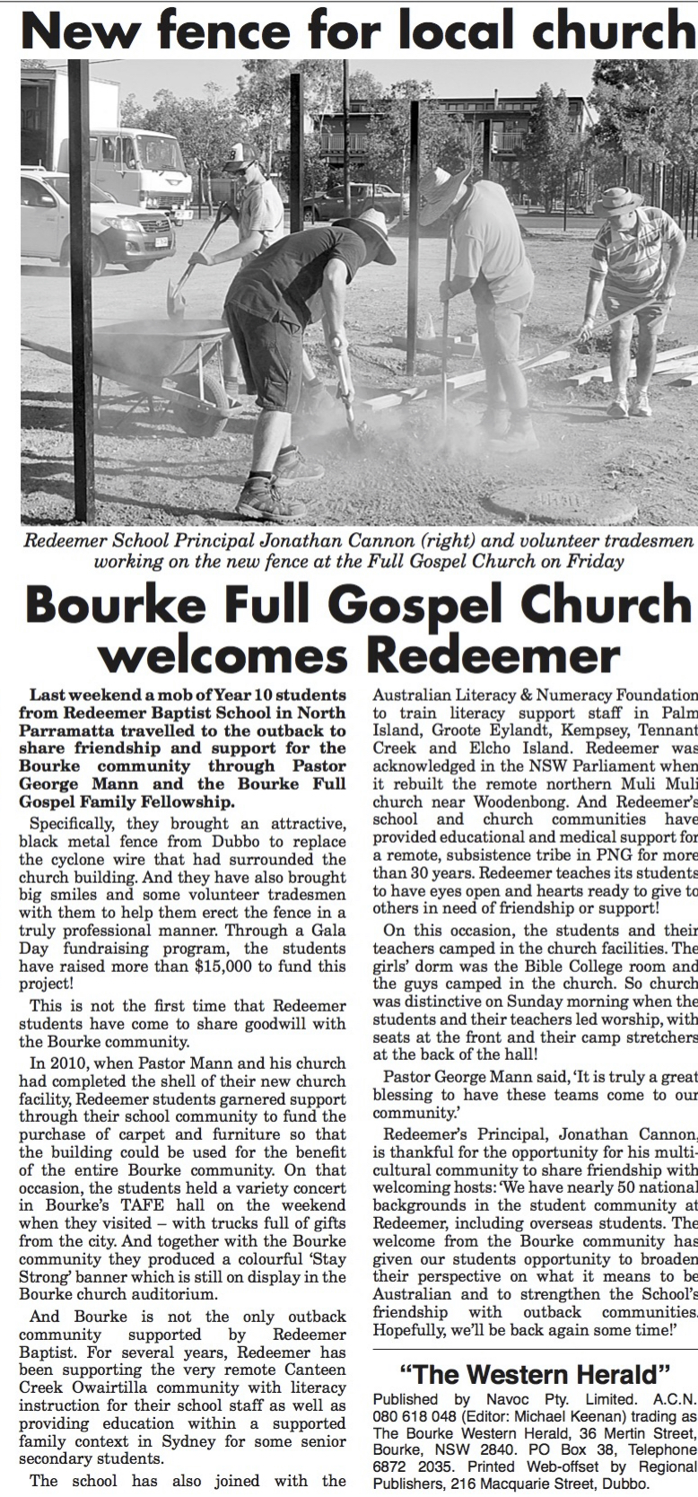 Bourke Trip Newspaper — Redeemer Baptist School