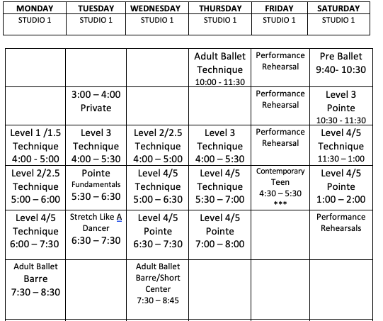 schedule — Classical & Contemporary Dance