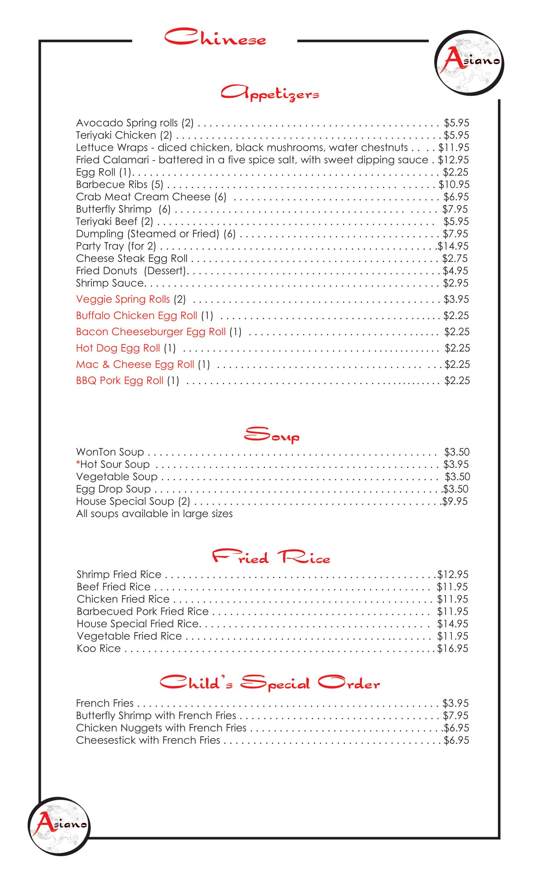 Chinese Menu — Asiano Restaurant