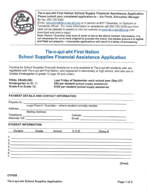 2019 TFN School Supplies Form — Tla-o-qui-aht First Nation