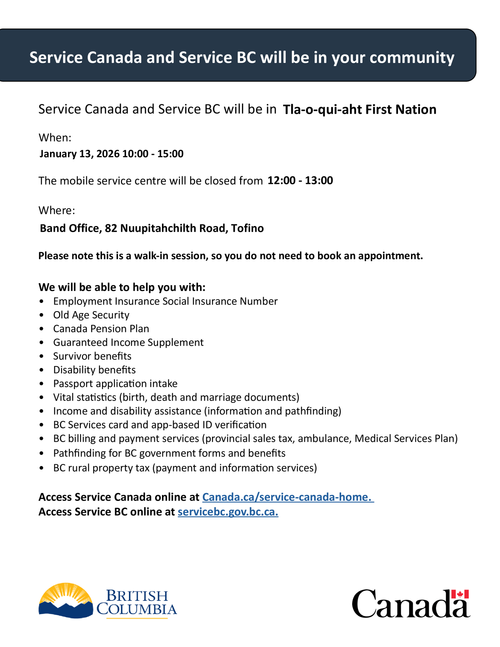 Service Canada and BC Services at Ty-Histanis - Jan 13, 2026 — Tla-o ...