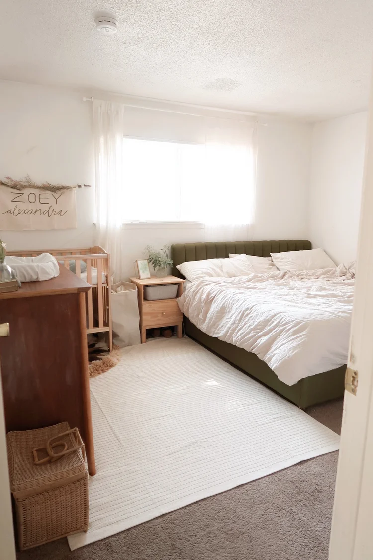Minimal, Neutral, and Calm Corner Nursery Nook In Our Room — alex p. hood