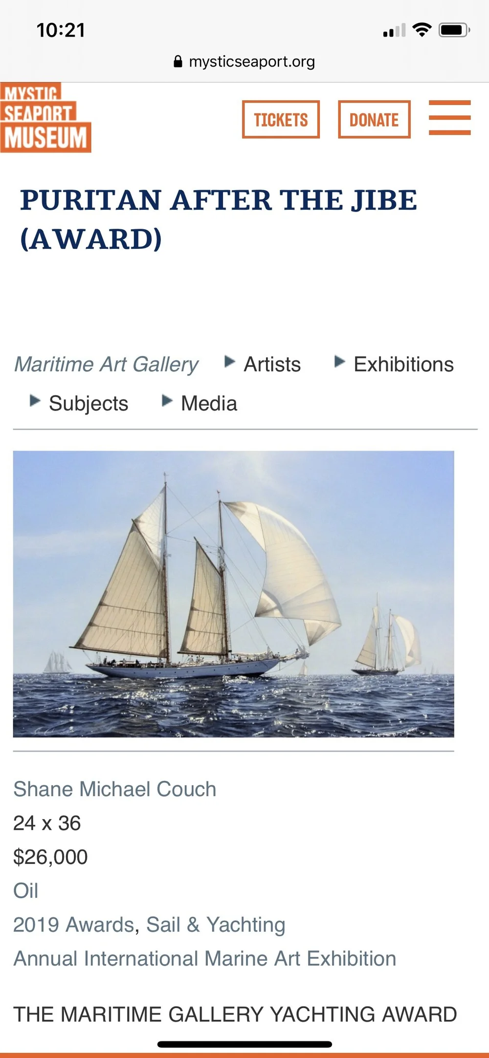 Mystic Seaport " Maritime Yachting Award" — Shane Couch - Marine Artist