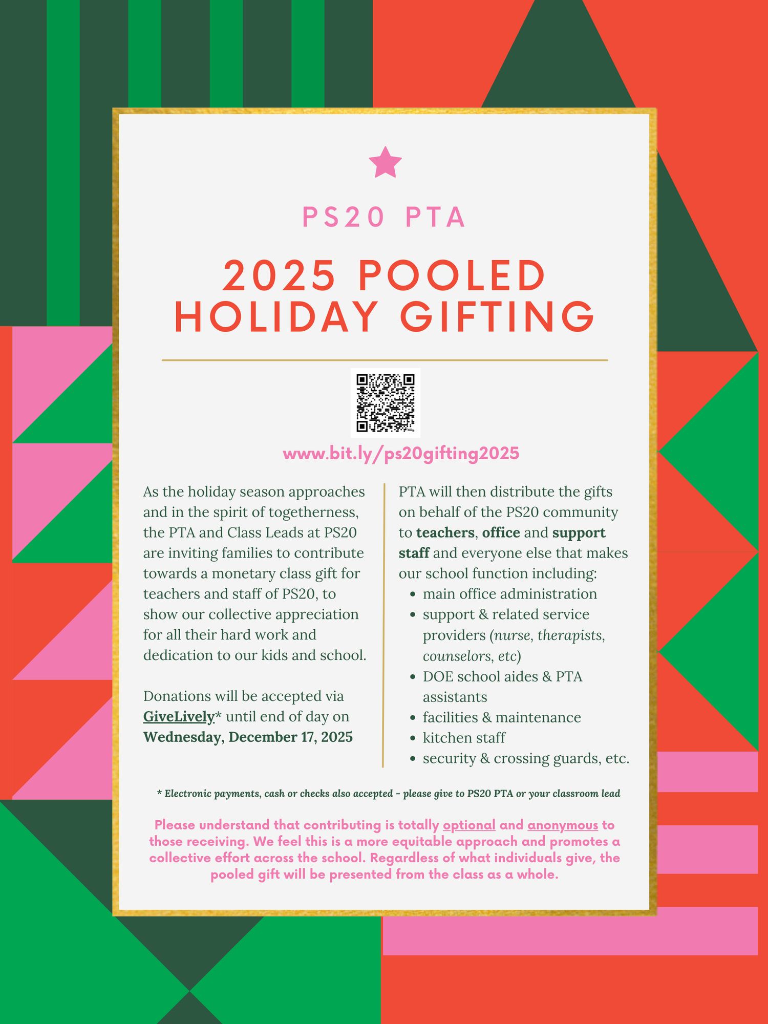 🎁 Contribute to the PTA Holiday Gifting Pool for PS20 Teachers & Staff ...