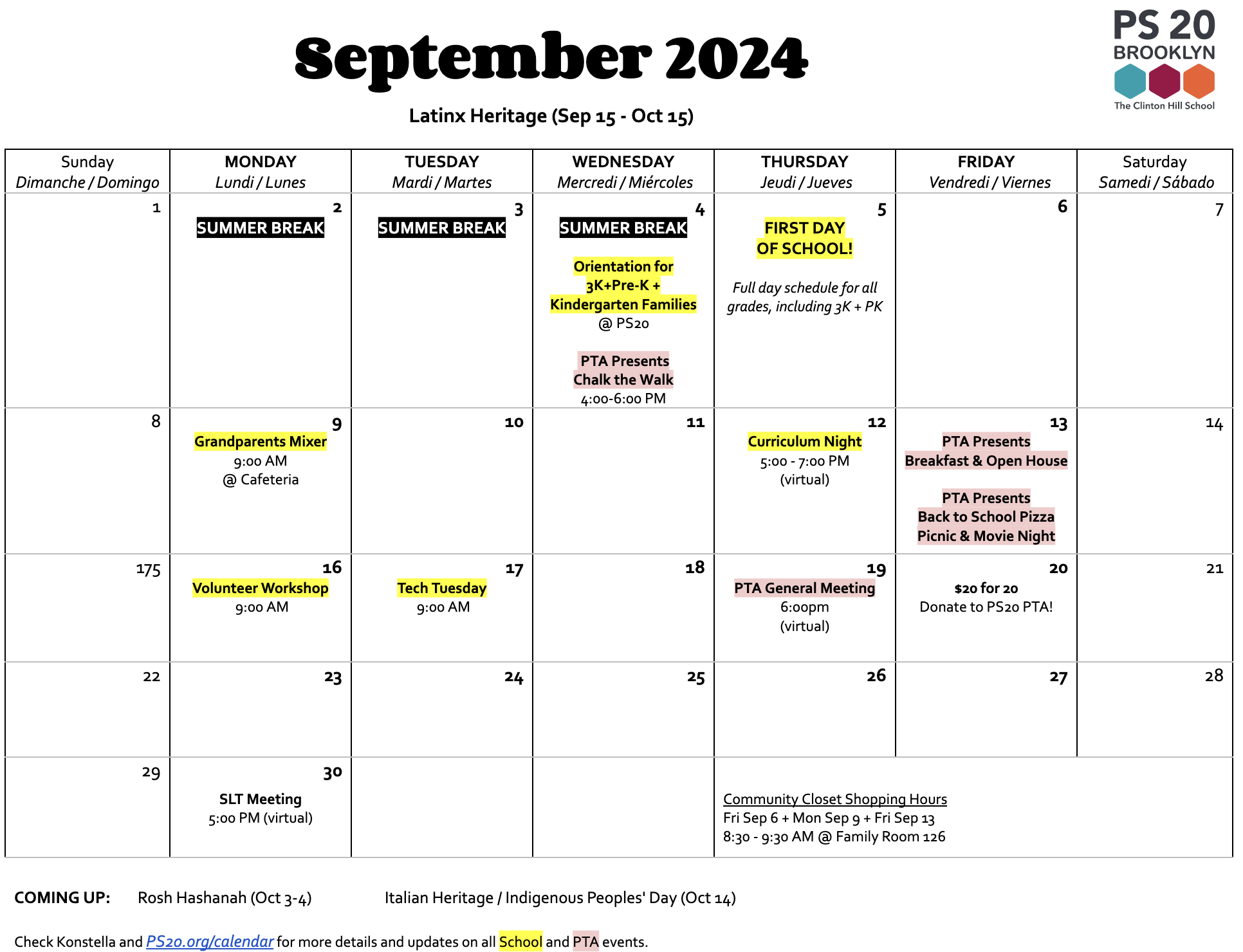 PS 20 The Clinton Hill School — Calendar