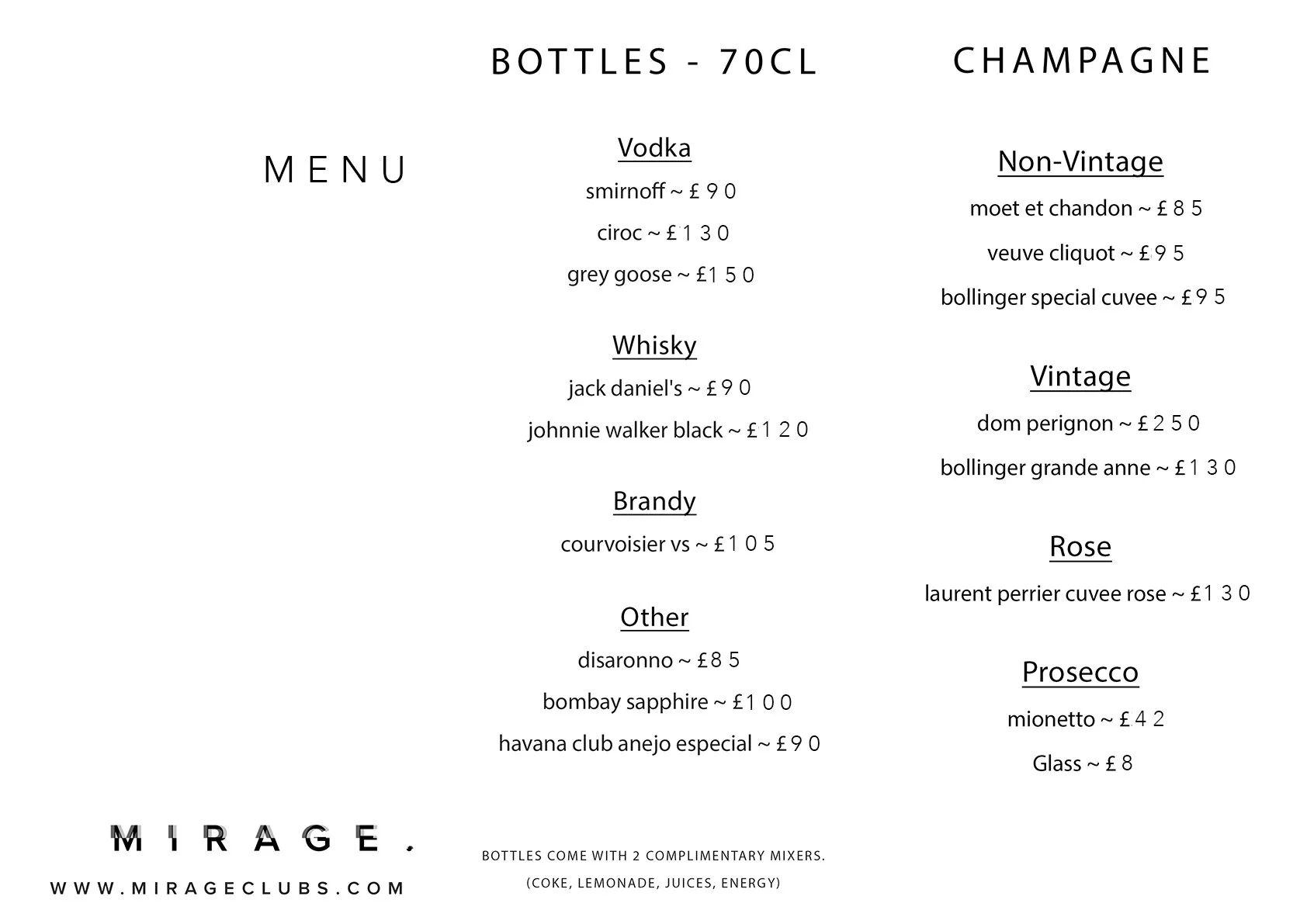 MENU — Mirage clubs