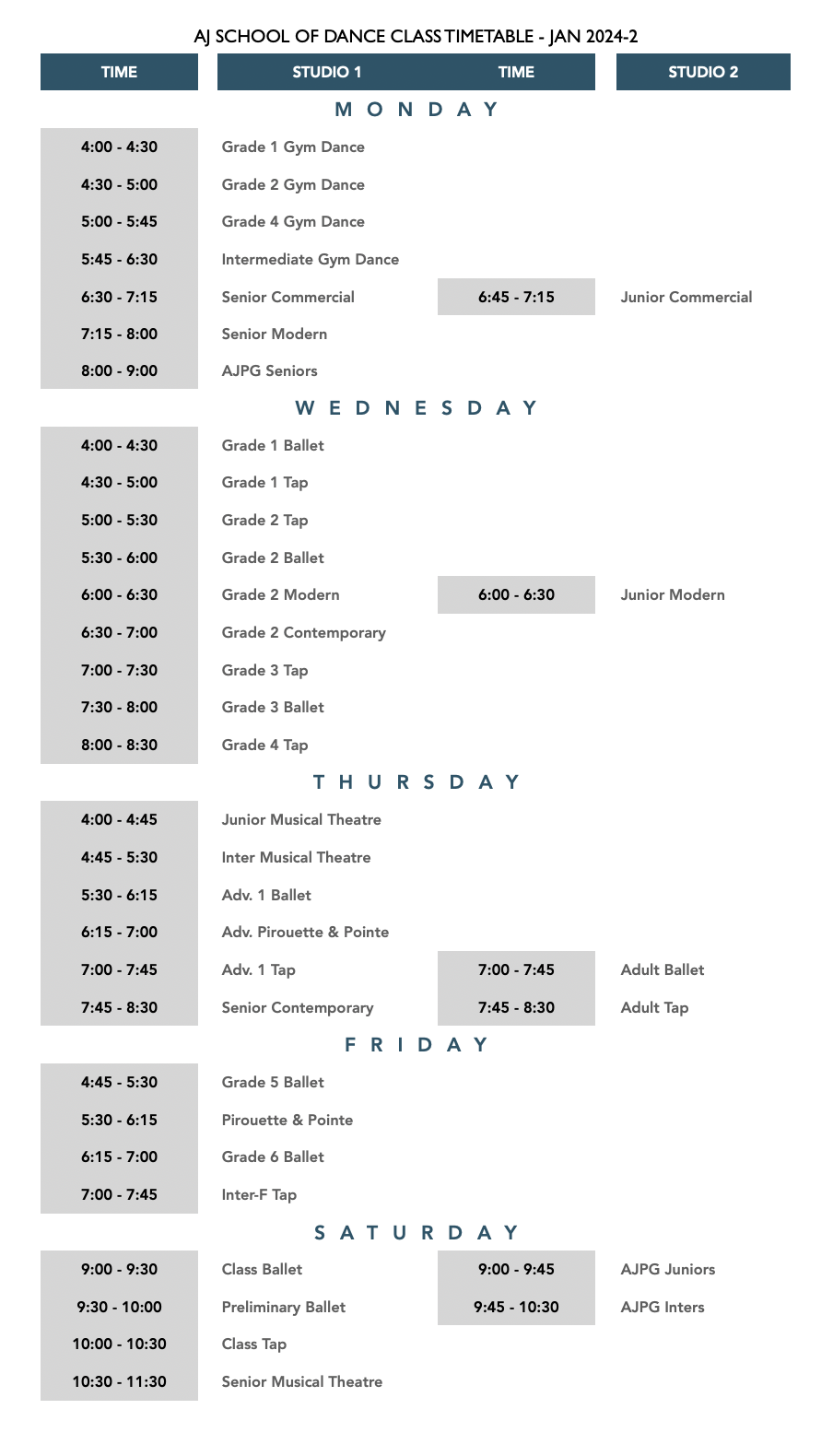 Timetable — AJ School of Dance