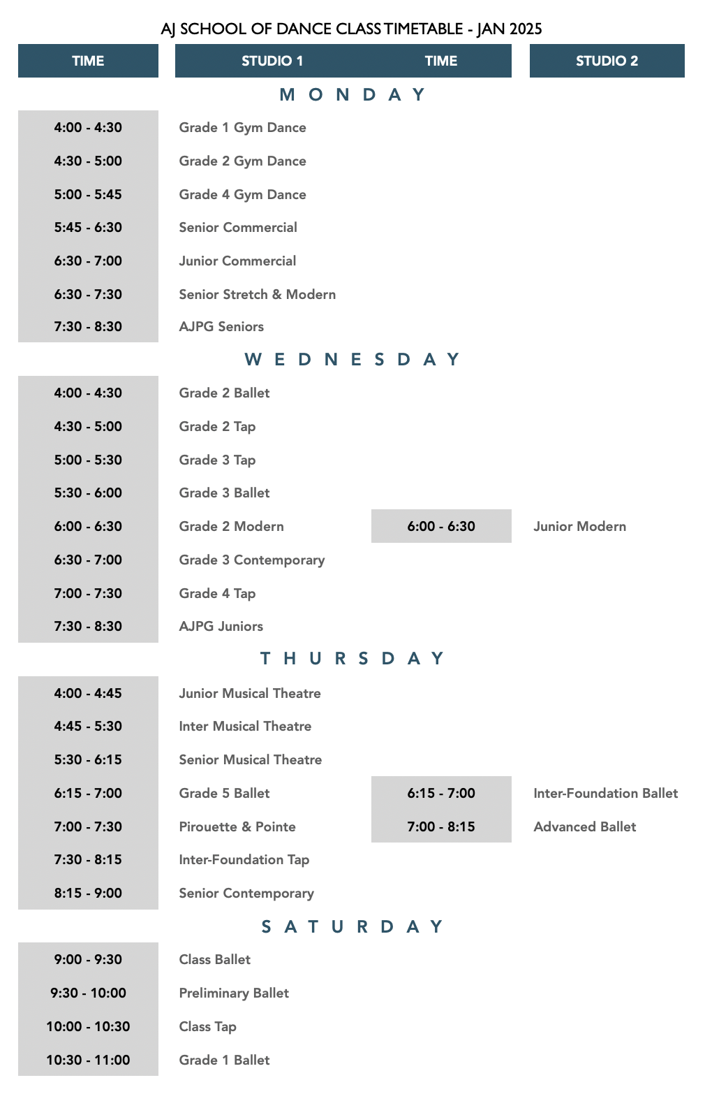 Timetable — AJ School of Dance