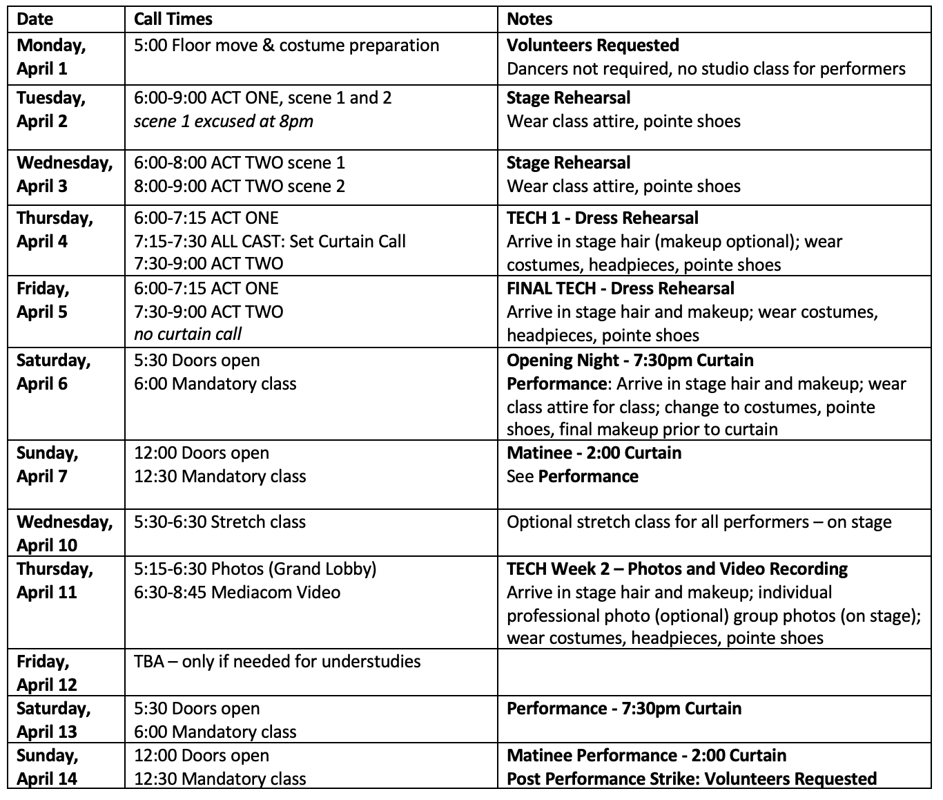 Rehearsal Schedule — Academy of Ballet