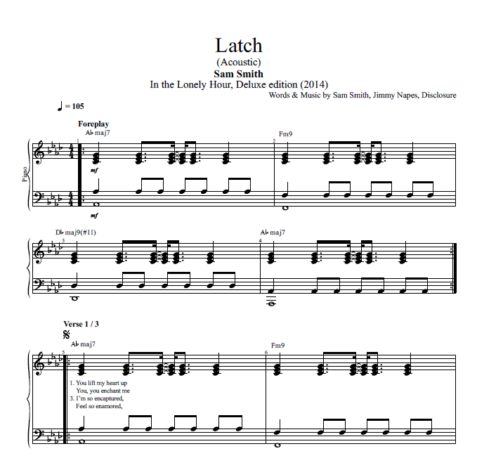 "Latch" (acoustic) · Sam Smith || Piano: Sheet Music + Chords + Lyrics ...