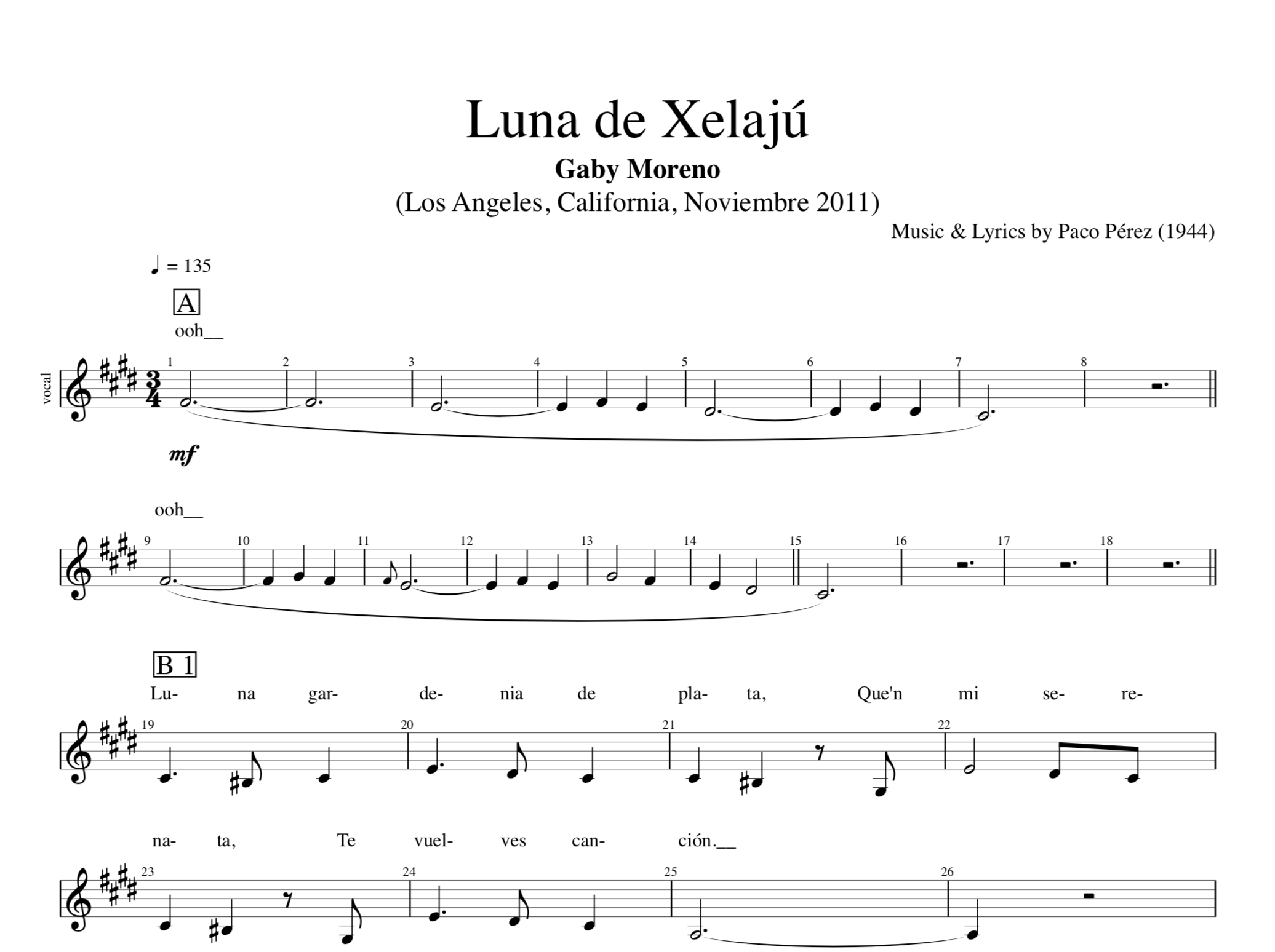 "Luna de Xelajú" · Gaby Moreno || Guitar + Voice || Sheet Music + Tab ...