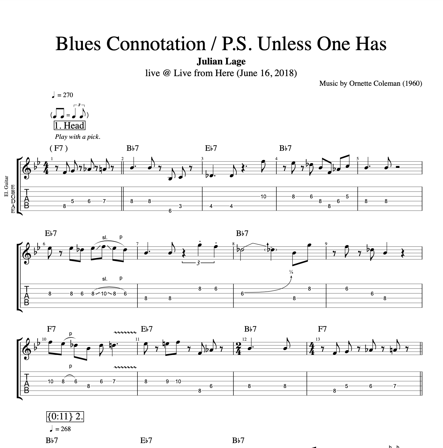 Blues Connotation Ps Unless One Has Ornette Coleman · Julian Lage Guitar Lead Sheet