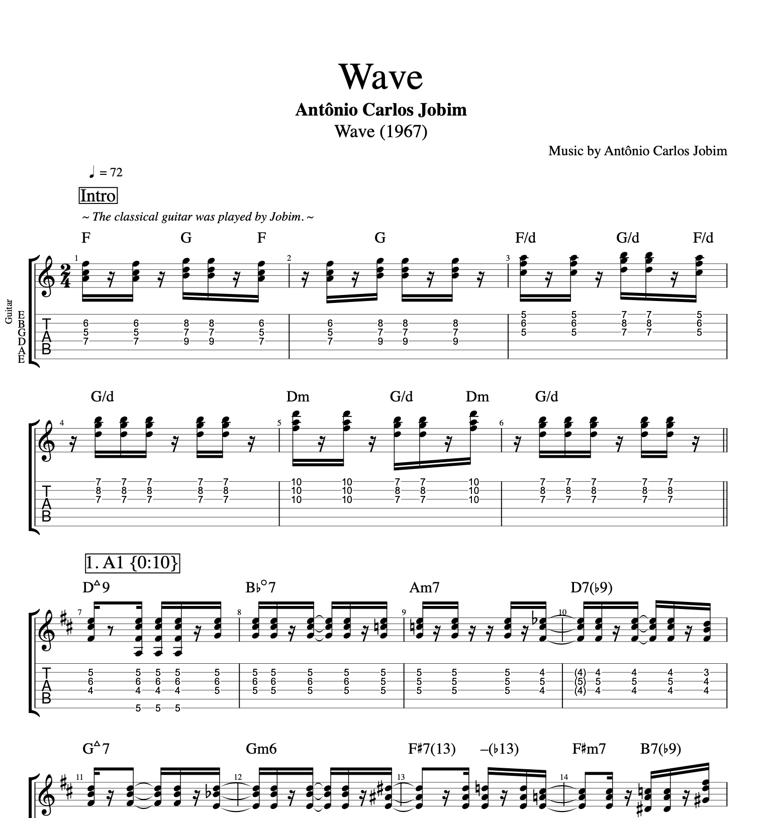 "Wave" · Jobim || Guitar + Piano + Trombone + Bass + Flute || Sheet ...