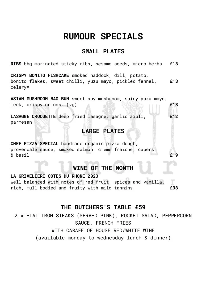 Main Menu — Rumour Restaurant and Wine Bar
