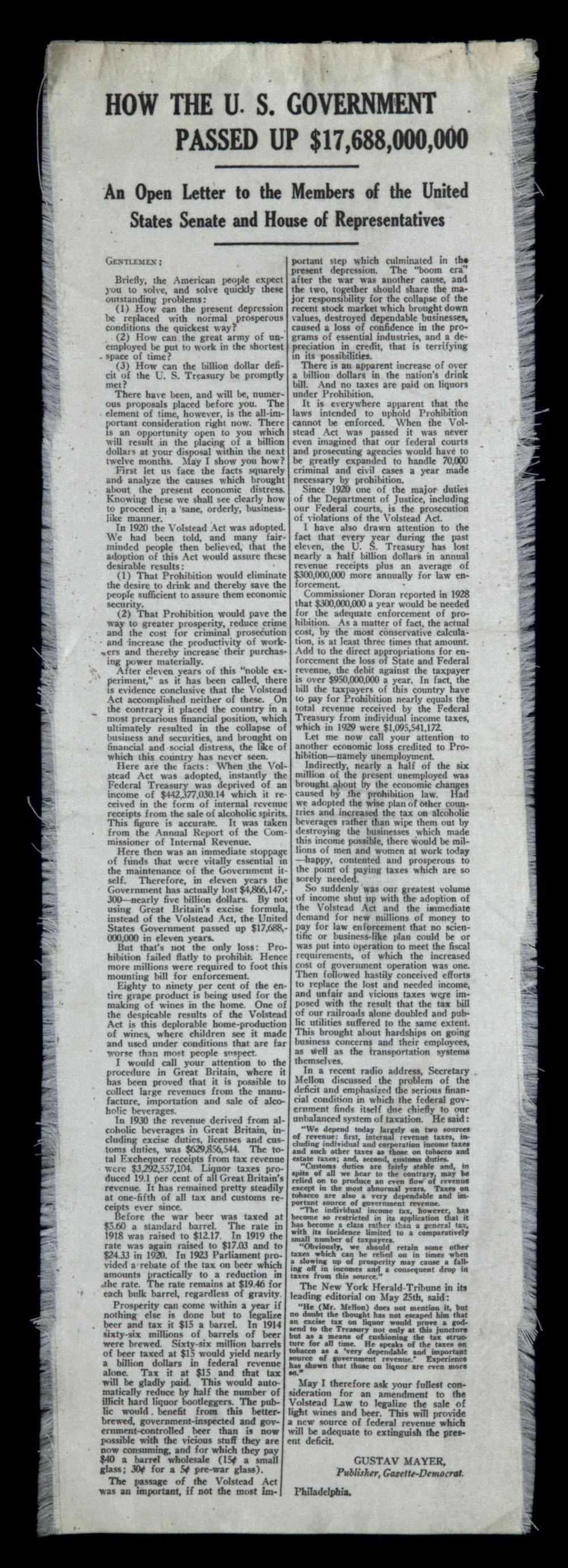 A Rare Broadside on Linen Urging Policy Change During Prohibition | An ...