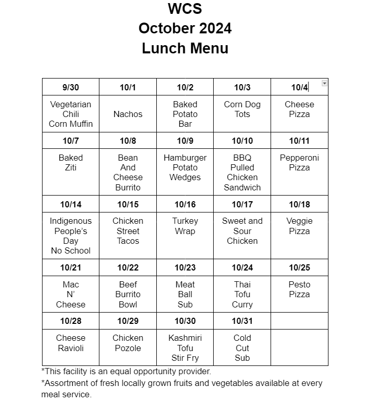 Food Menu — Willits Charter School