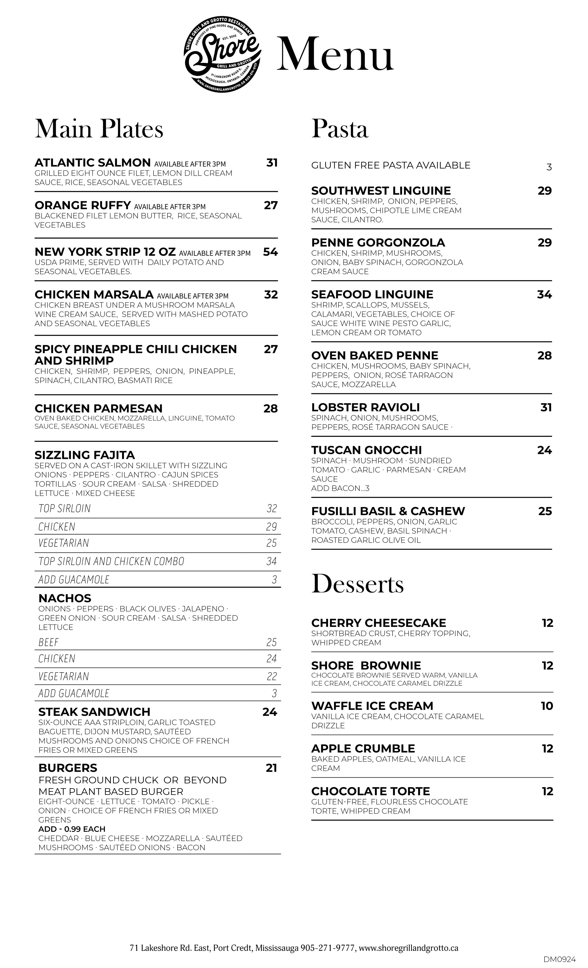 Menu — SHORE GRILL & GROTTO