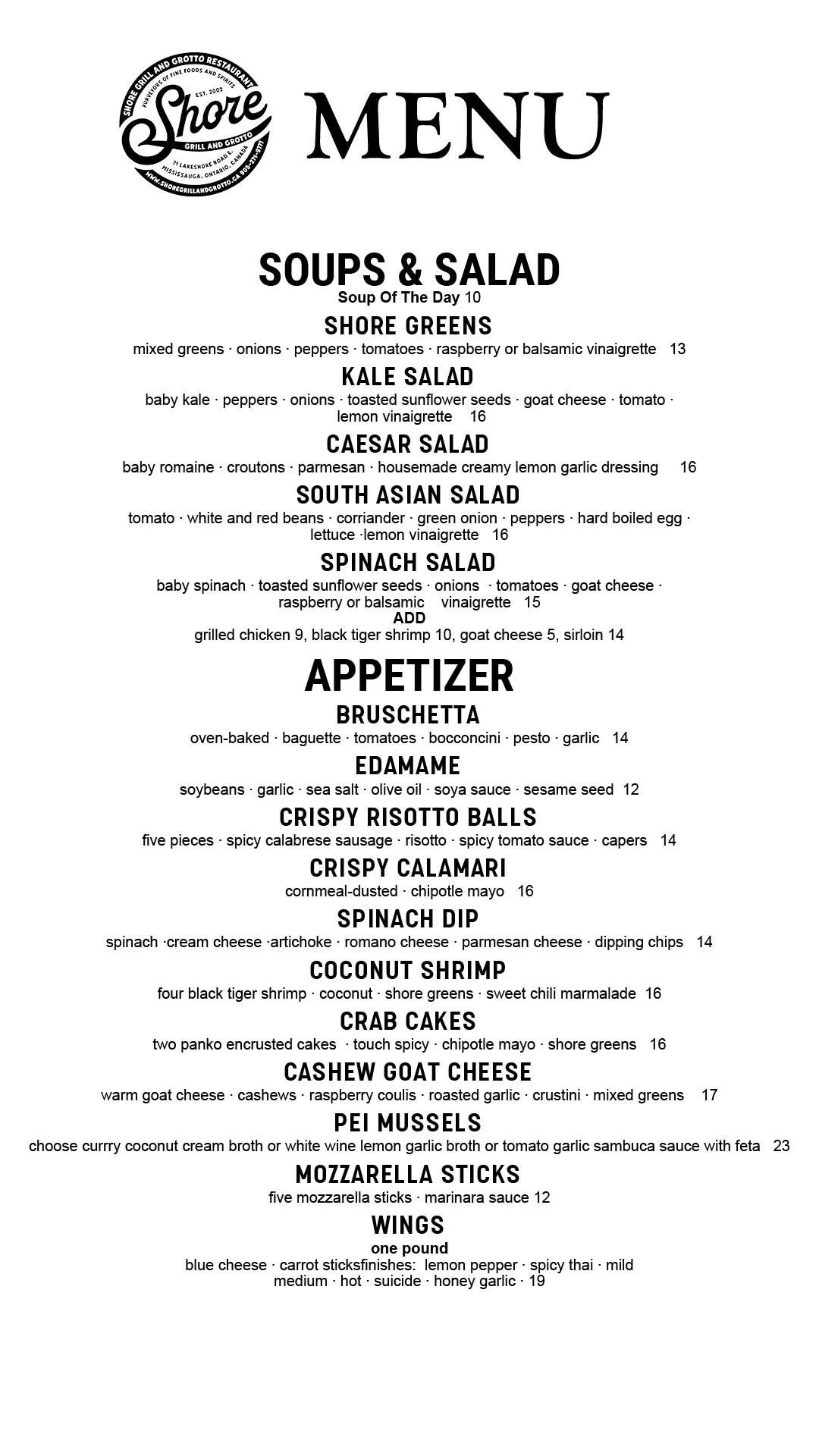 QR Food menu — SHORE GRILL & GROTTO