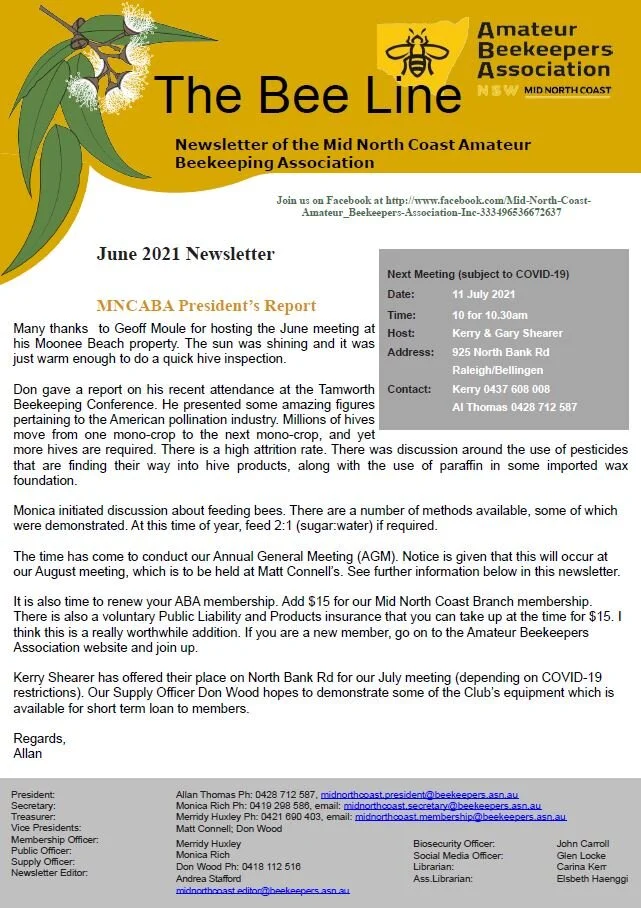 Mid North Coast newsletter - June 2021 — Amateur Beekeepers Australia