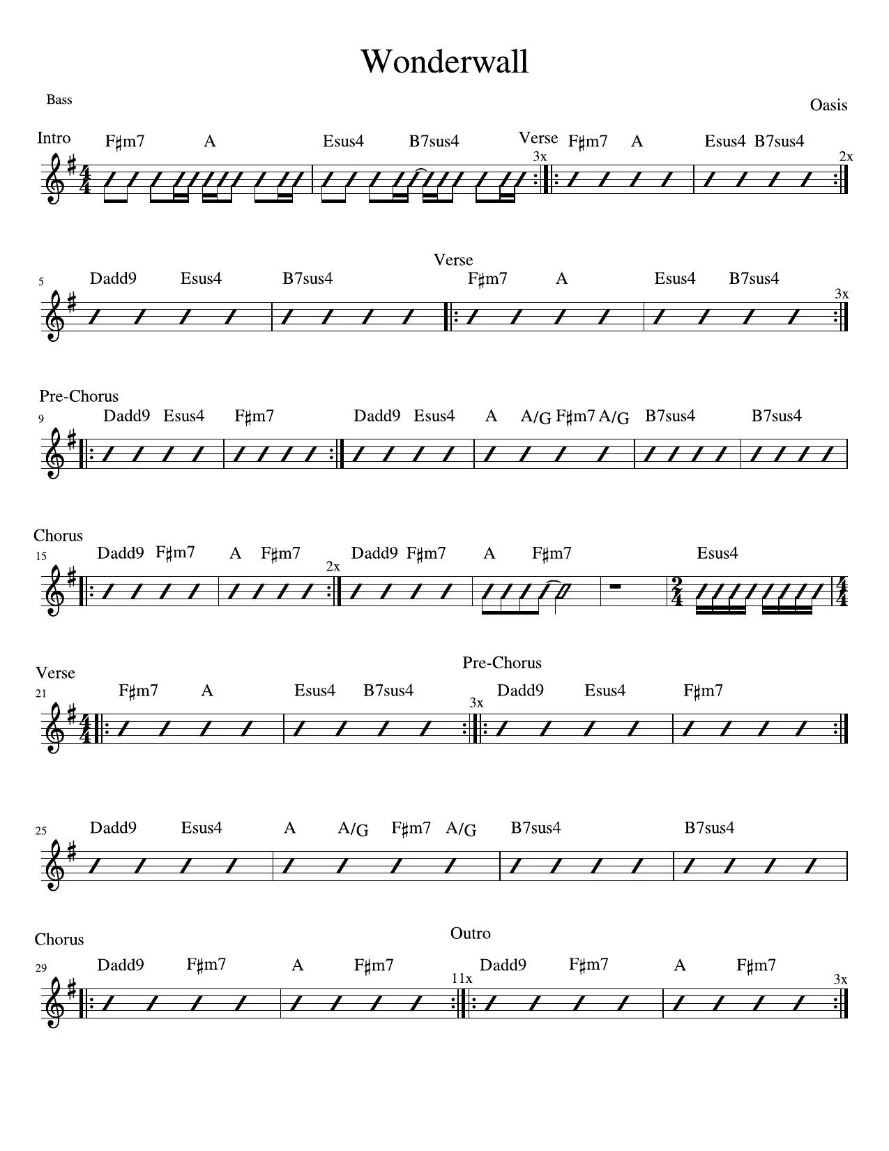Wonderwall - Oasis Lead Sheet — Paliatsky Music Lessons: In-Home Music ...