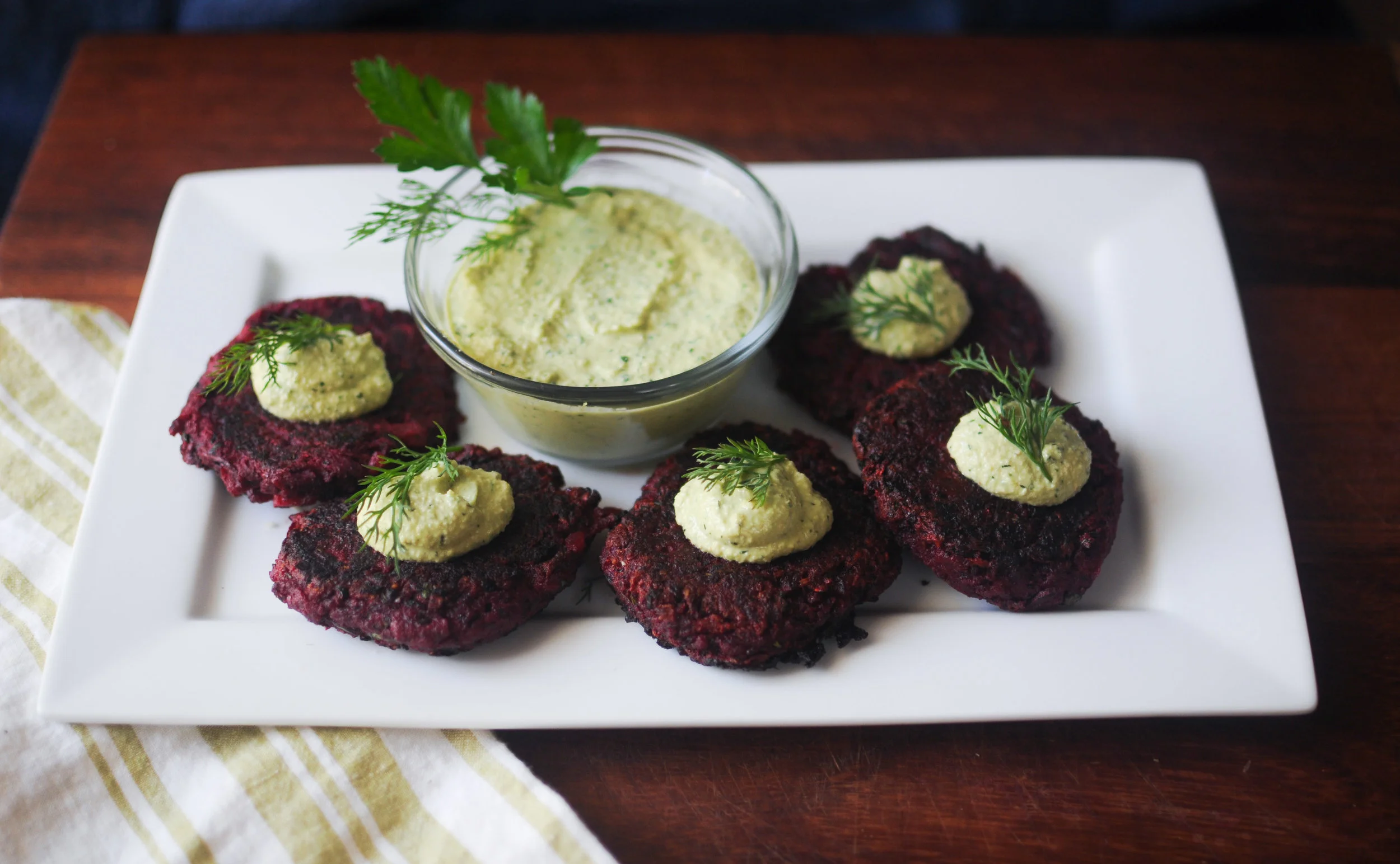 Herbed Beet Fritters with Lemon-Herb Cashew Cream | Farmbelly