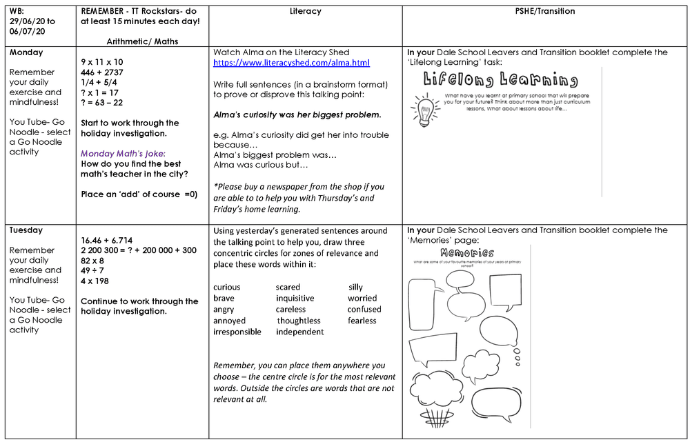 Year 6 Home Learning Week 18 — Dale Community Primary School