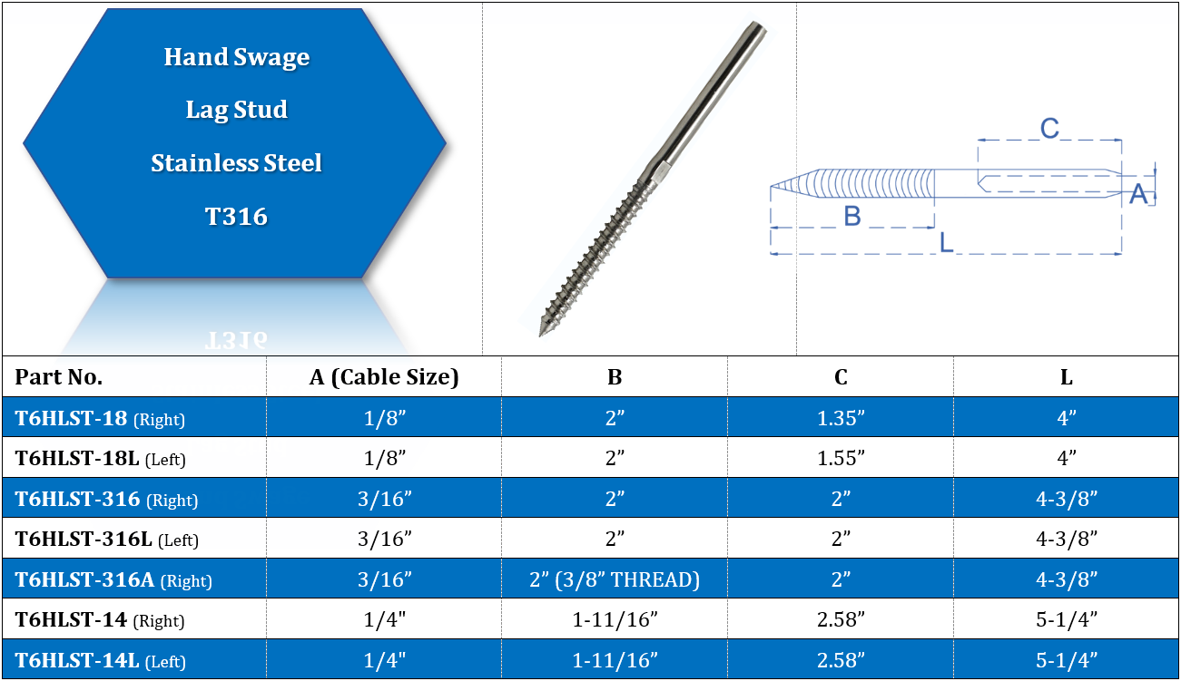 STAINLESS STEEL HAND SWAGE LAG STUD T316 — Cable Rail Specialist