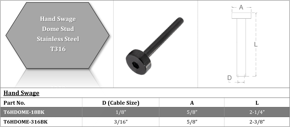 STAINLESS STEEL BLACK OXIDE HAND SWAGE DOME - T316 — Cable Rail Specialist
