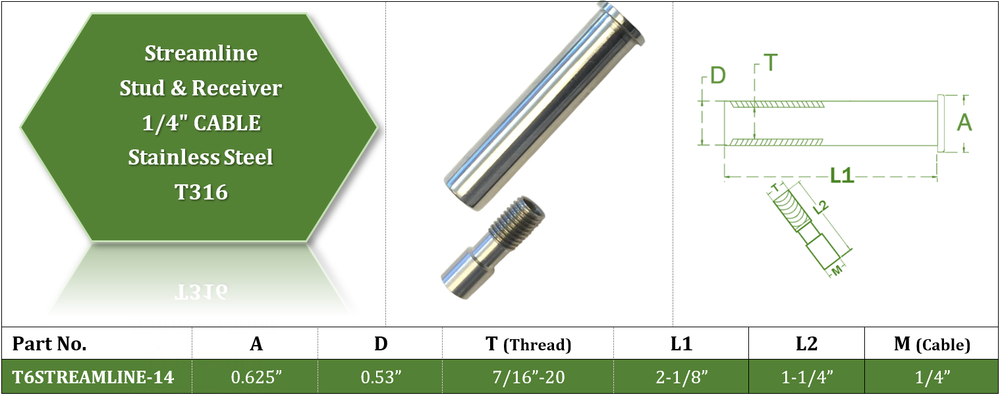 STAINLESS STEEL STREAMLINE RECEIVER & STUD FOR 1/4" CABLE - T316 ...