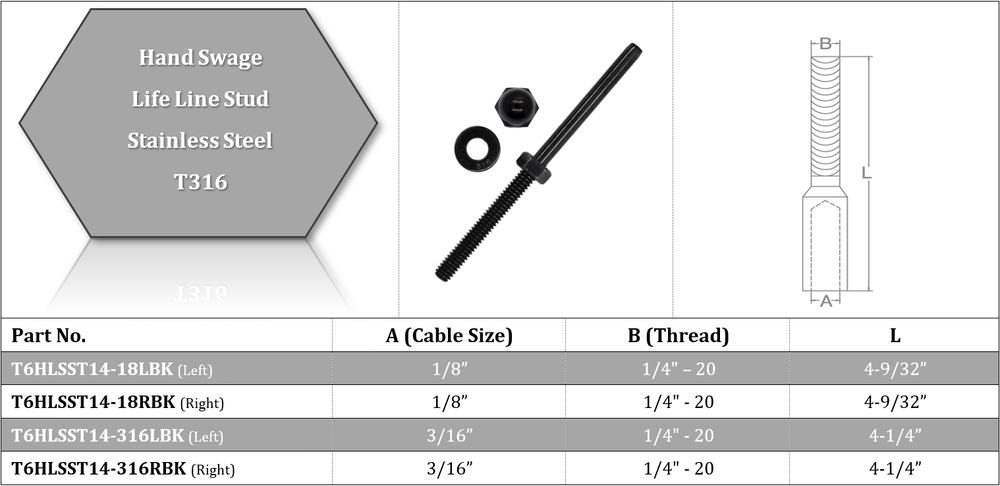 STAINLESS STEEL BLACK OXIDE HAND SWAGE LIFE LINE STUD W/FLAT WASHER AND ...