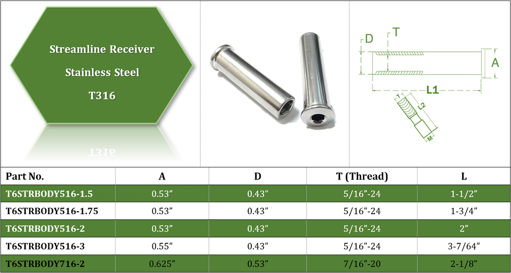 STAINLESS STEEL STREAMLINE RECEIVER FOR STREAMLINE STUD - T316 — Cable ...