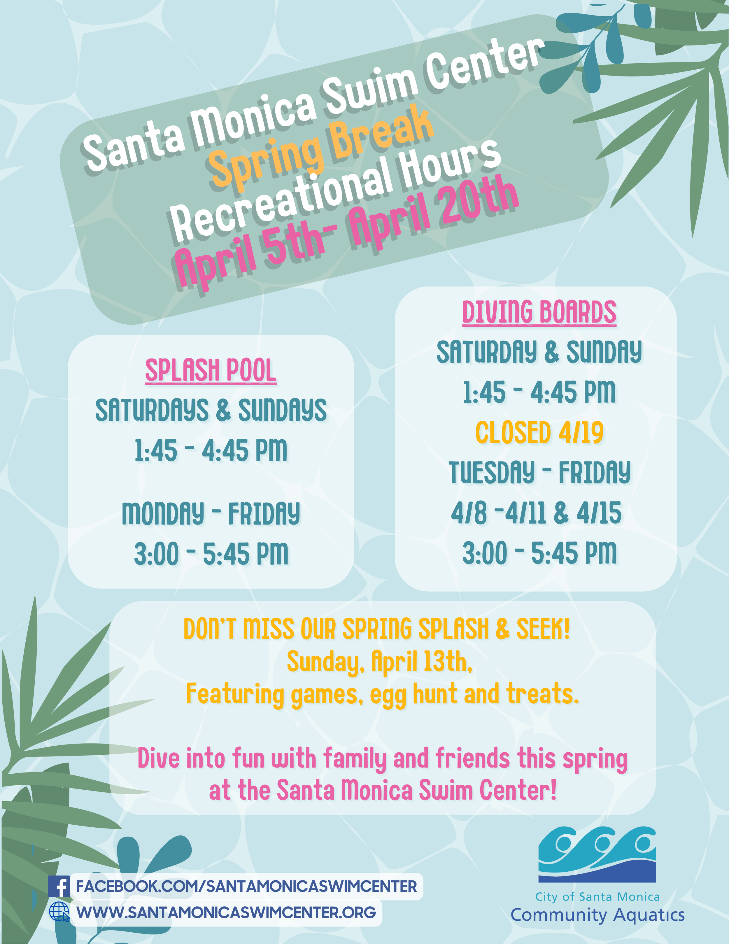 Swim Center - Spring Break Recreational Hours! — Santa Monica Community ...