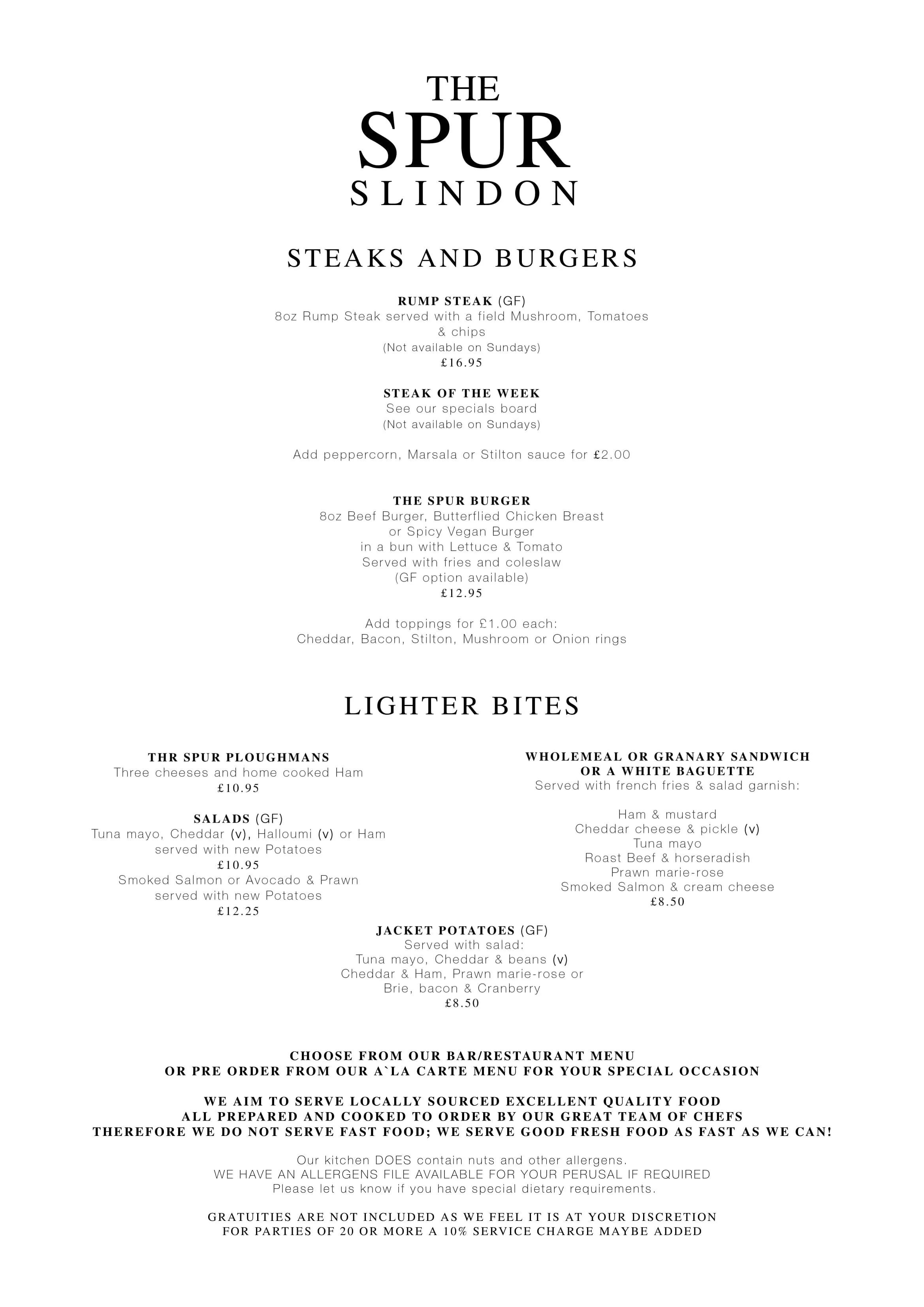 Menu — THE SPUR SLINDON
