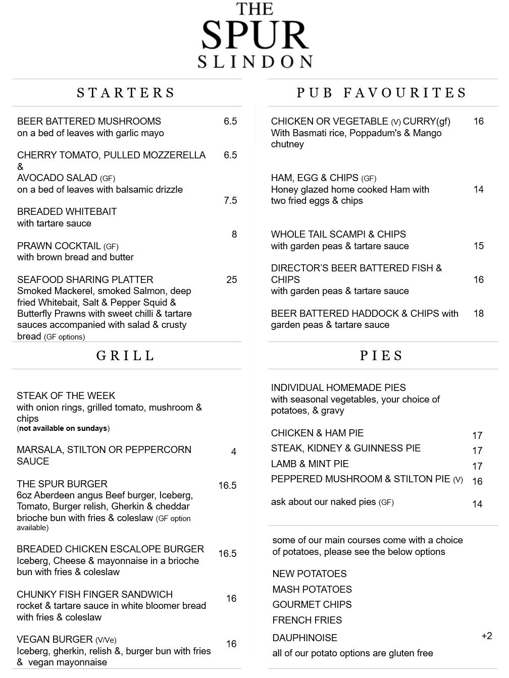 Menu — THE SPUR SLINDON