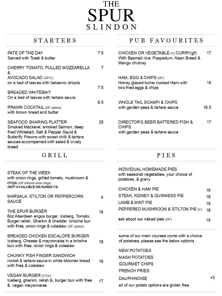 Menu — THE SPUR SLINDON