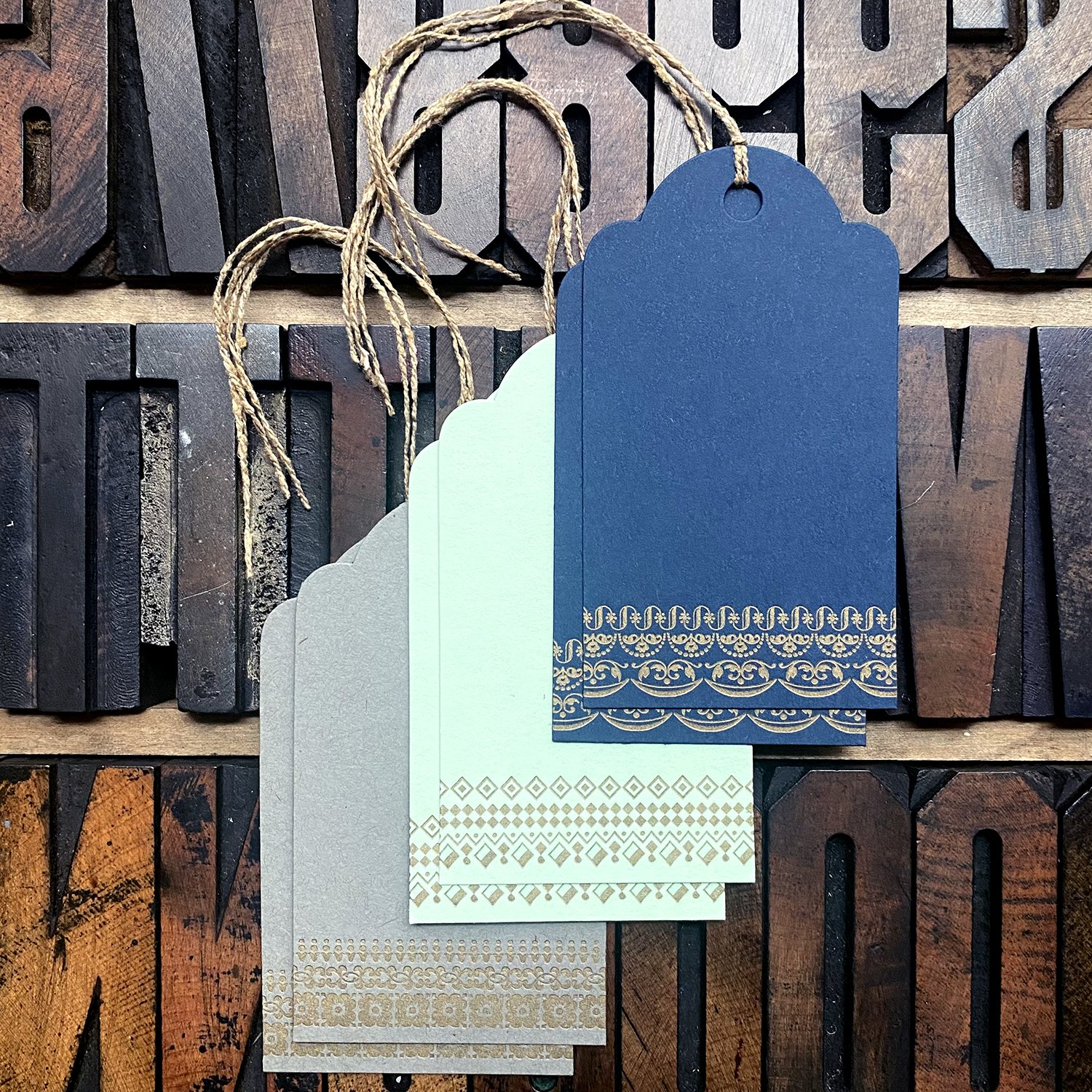 Letterpress printed holiday greeting cards featuring antique metal and ...