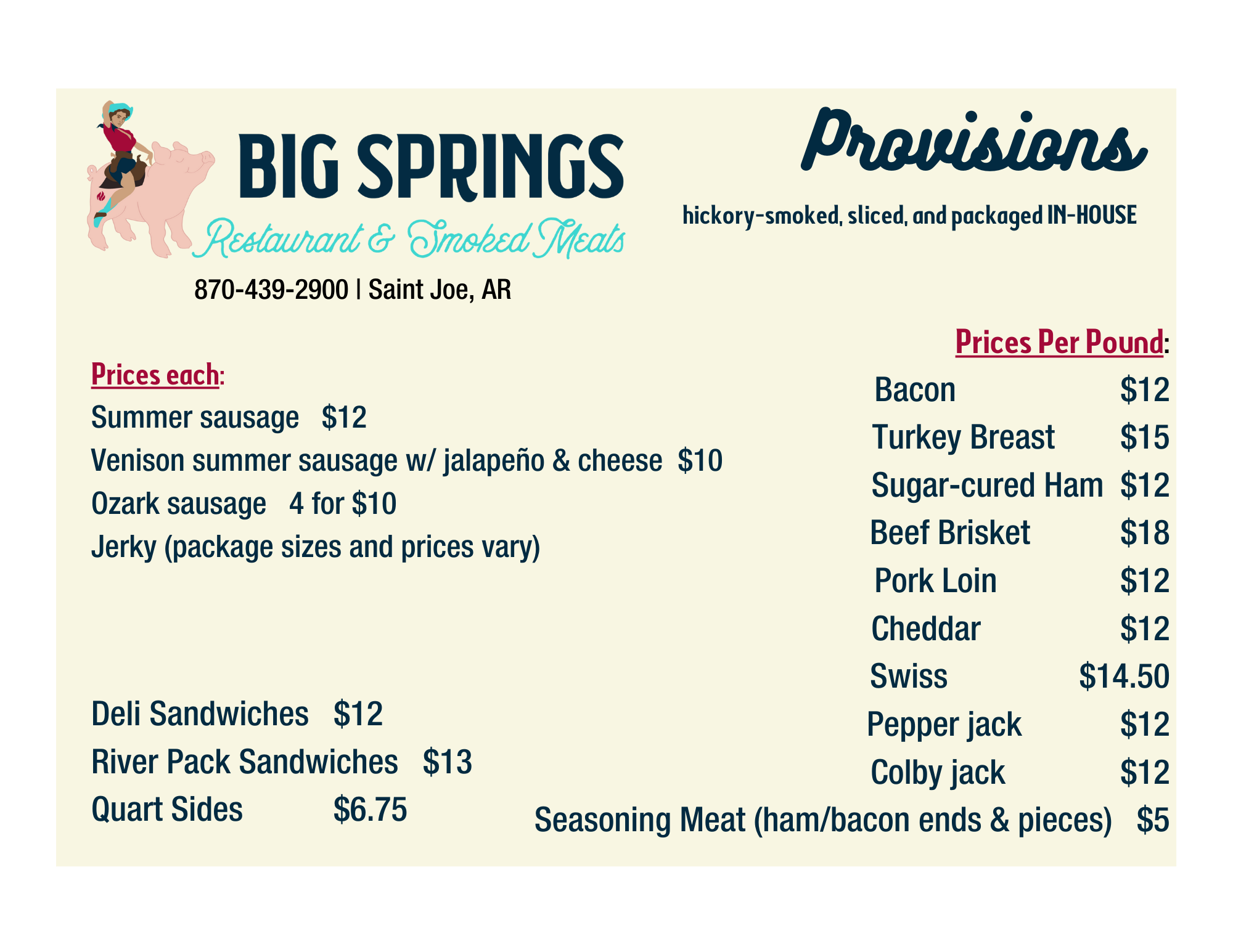 restaurant menu — Big Springs Trading Co.
