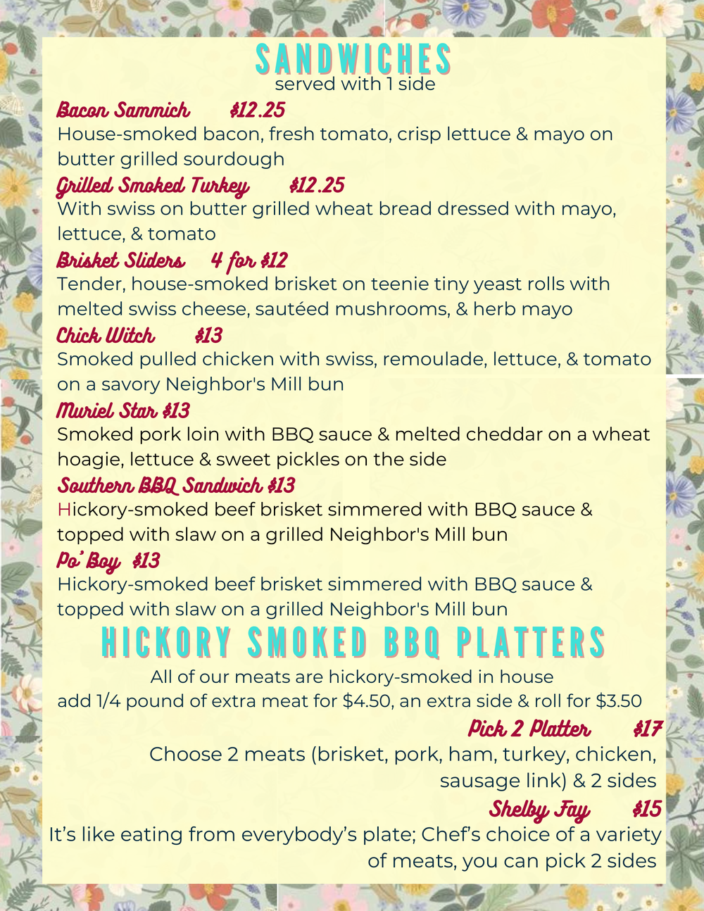 restaurant menu — Big Springs Trading Co.