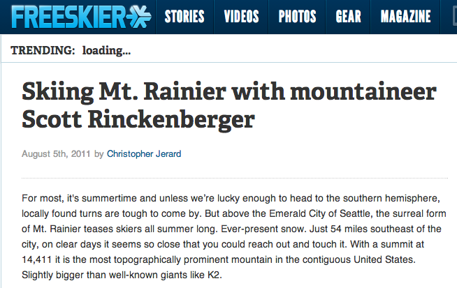 Freeskier Magazine Reports on Mt. Rainier Climb/Ski Descent — Scott ...