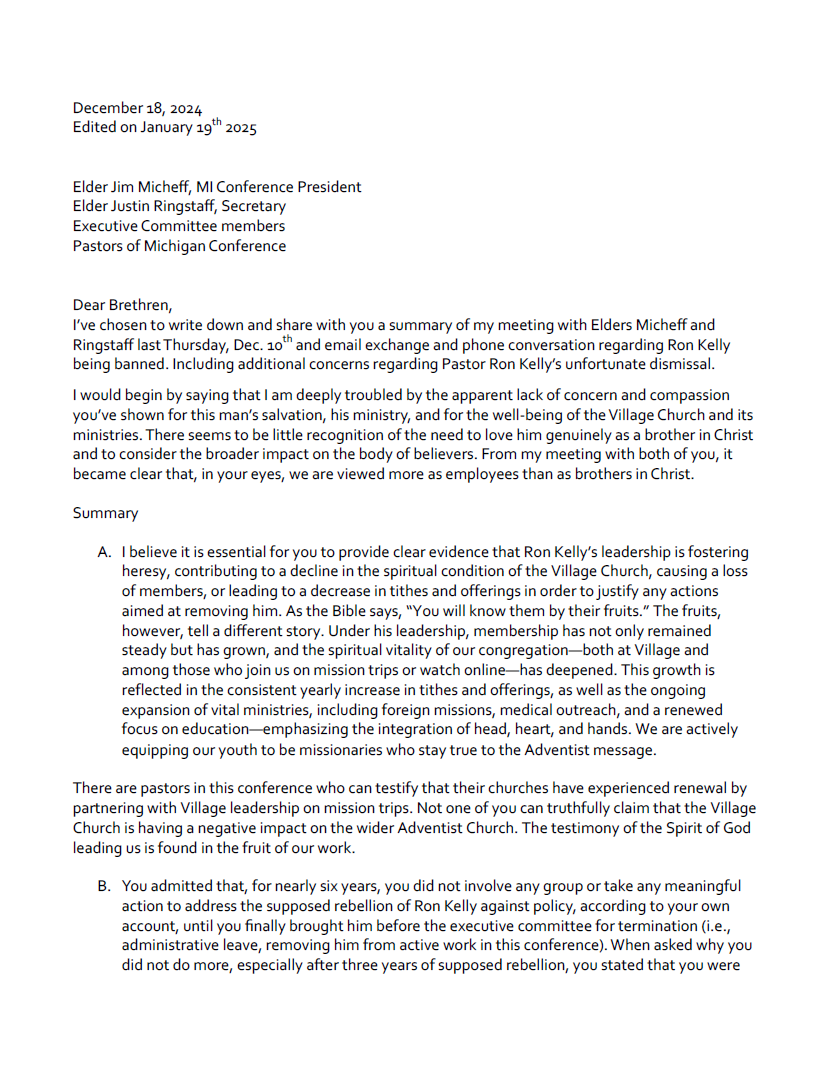 Pastor Dennis Page Sends a Very Revealing Letter to Michigan Conference ...