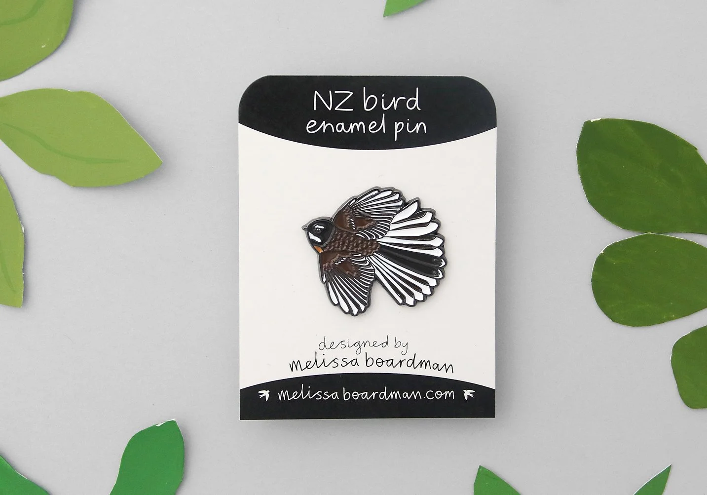 NZ bird fantail piwakawaka enamel pin — Melissa Boardman