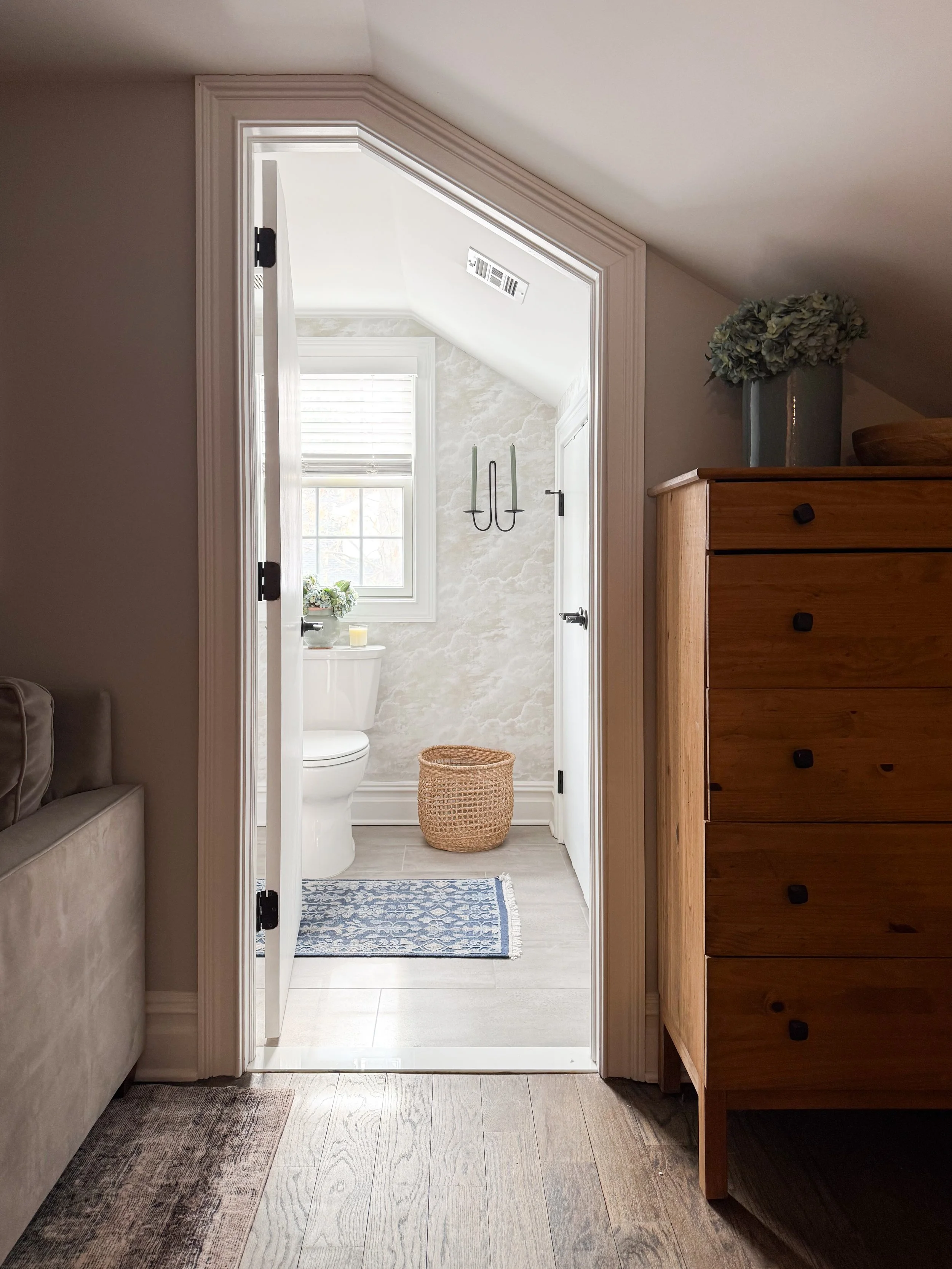 Attic Bathroom Refresh Ideas with Cloud Wallpaper and Budget Friendly ...