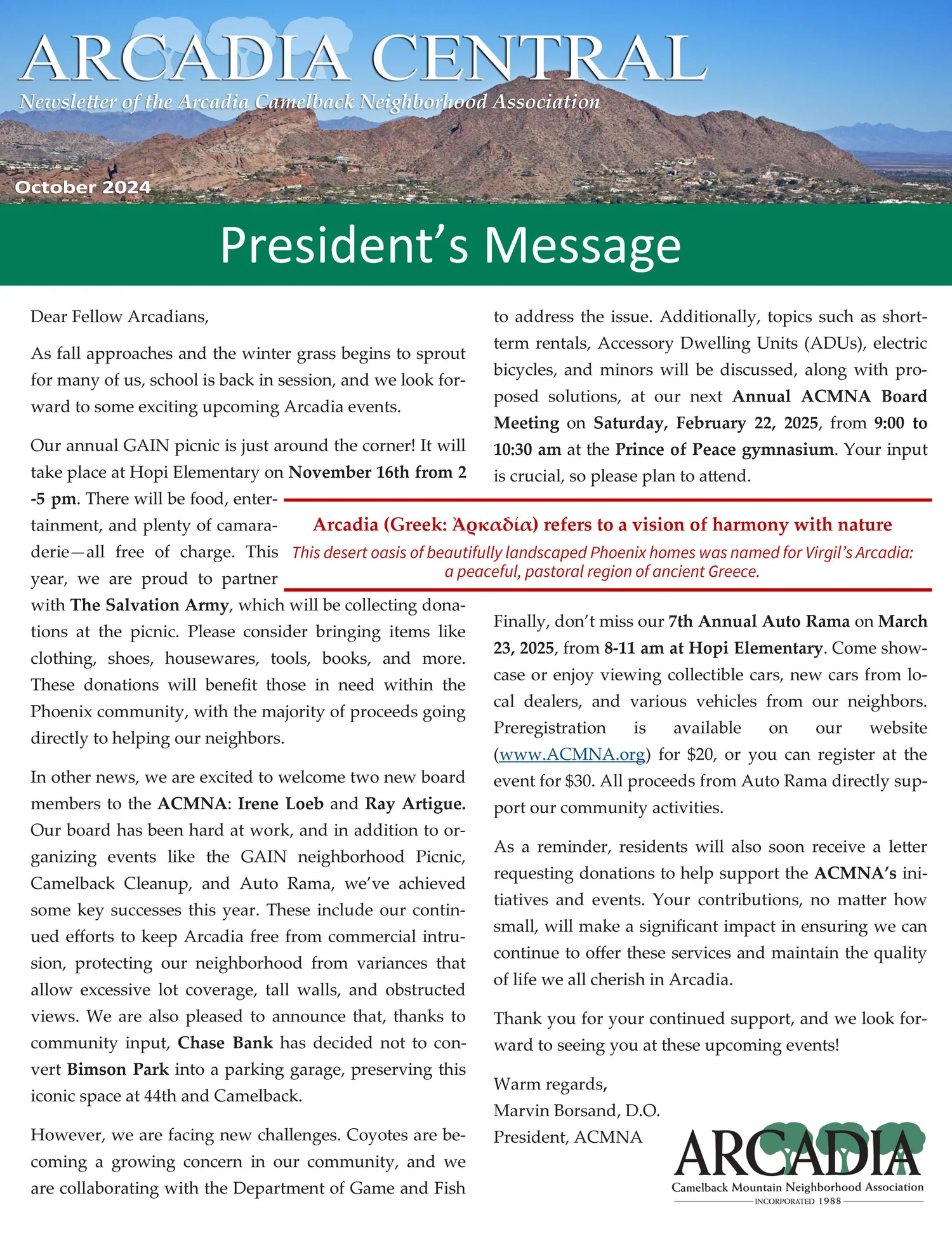 Newsletter — Arcadia Camelback Mountain Neighborhood Association