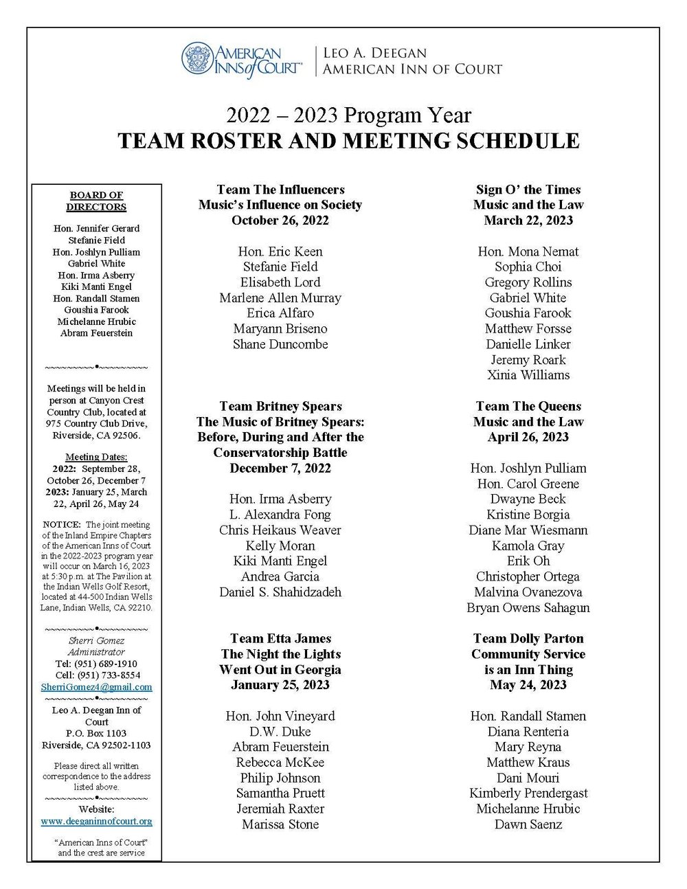2022-2023 Team Roster — Deegan Inn of Court