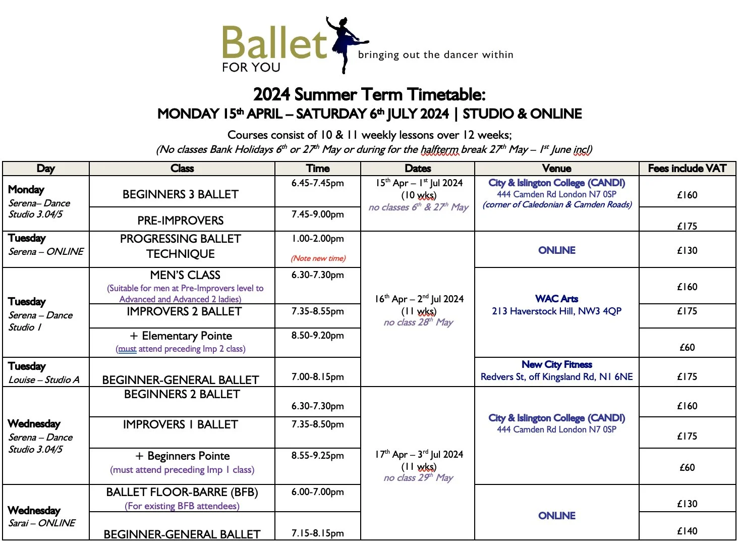 Timetable — Ballet for You