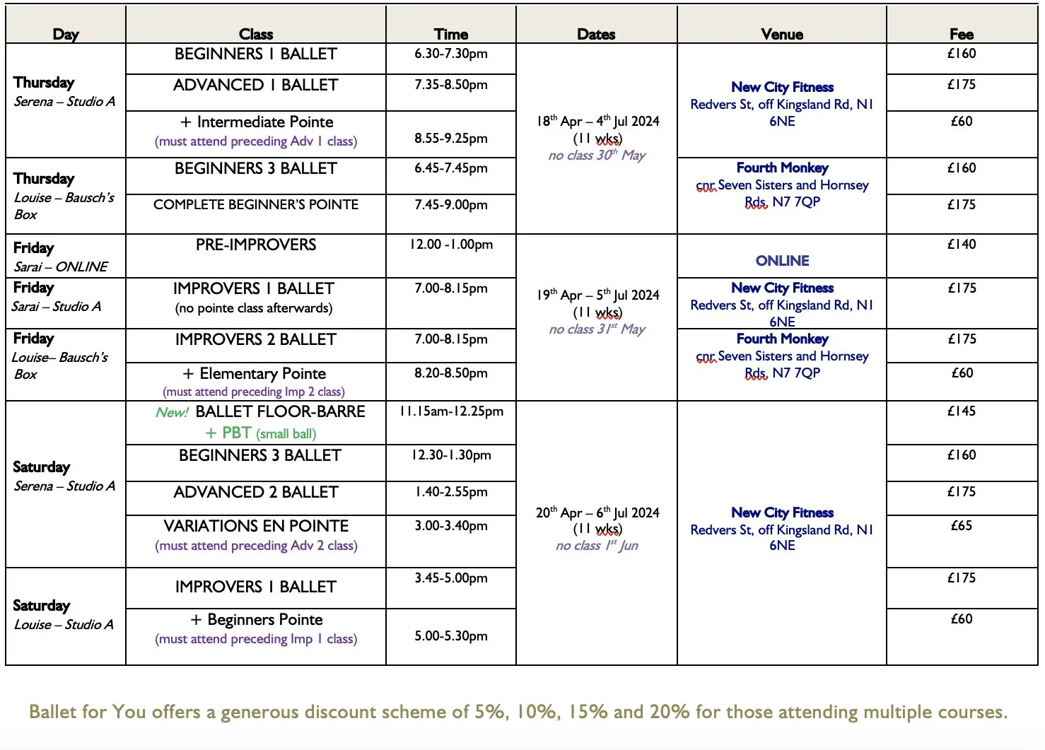Timetable — Ballet for You