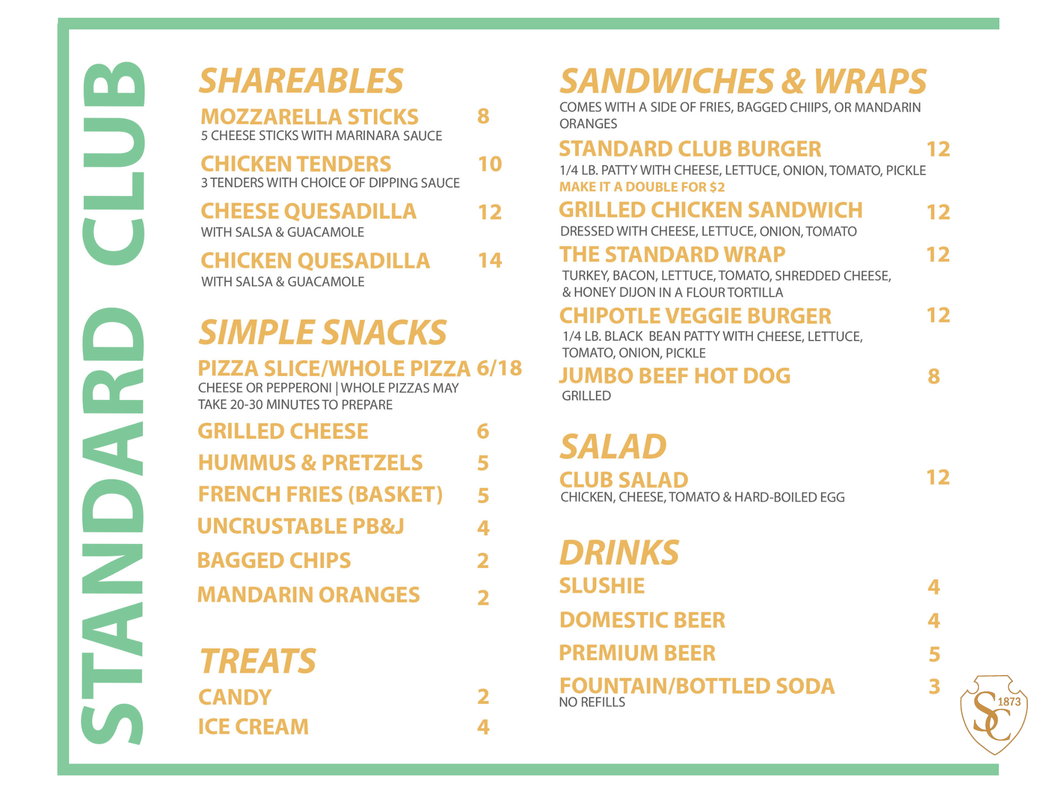 Snack bar menu & specials — Standard Club