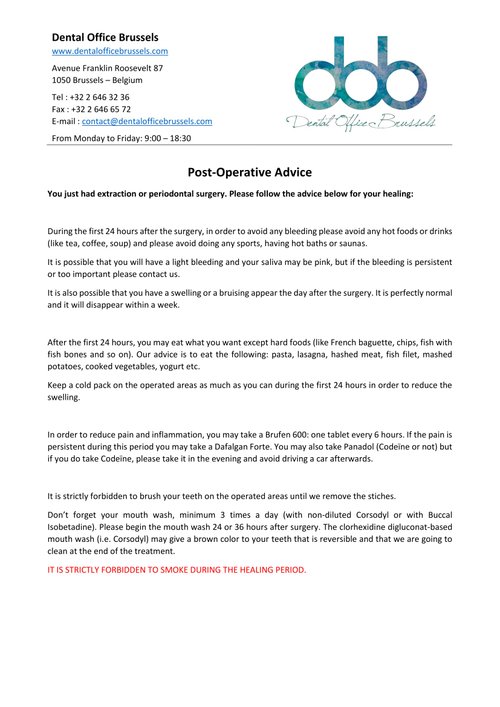 Post-operative Advice | Dental Office Brussels
